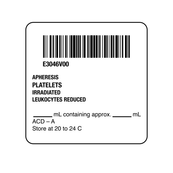 Nevs ISBT 128 Apheresis Platelets Irradiated Leukocyte 2" x 2" BBC-3046 ...