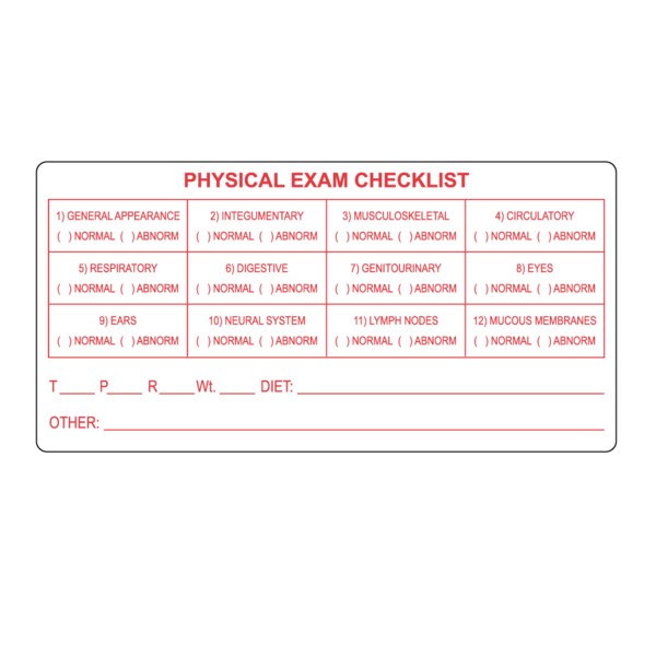 NEV'S Veterinary Physical Exam Checklist 2" x 3" White w/Red (VW-0090 ...