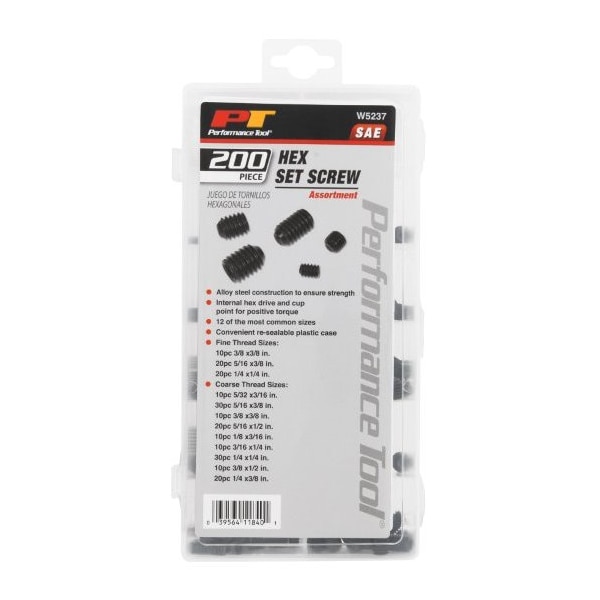Performance Tool 200-Pc Sae Hex Set Screw Assortment Hdwr Kit-Hex Sc ...