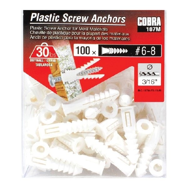 Cobra Anchors Cobra Anchors Screw Anchor, 1 in L, Plastic, 100 lb 187M ...