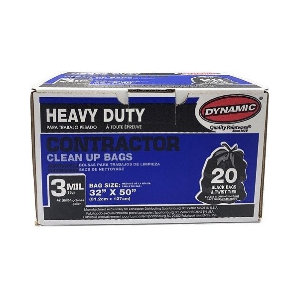 Dynamic 42 Gal 3mil Black Heavy Duty Contractor Trash Bag, 20PK 00700 ...