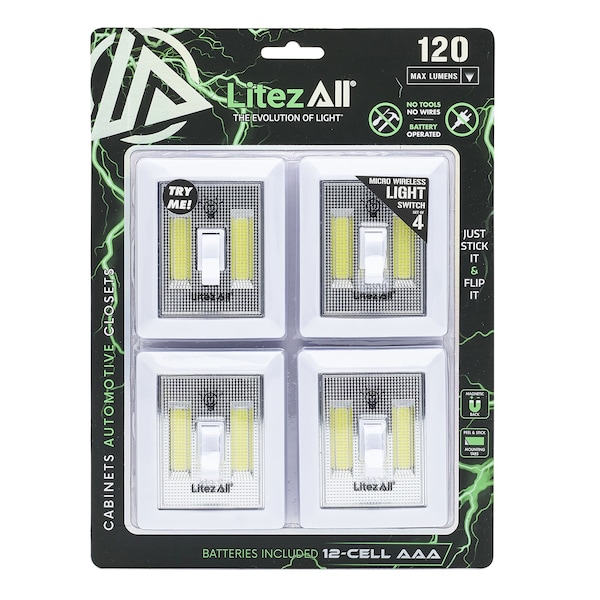 Litezall COB LED Mini Light Switch, 4PK LA-MINISWx4-6 | Zoro