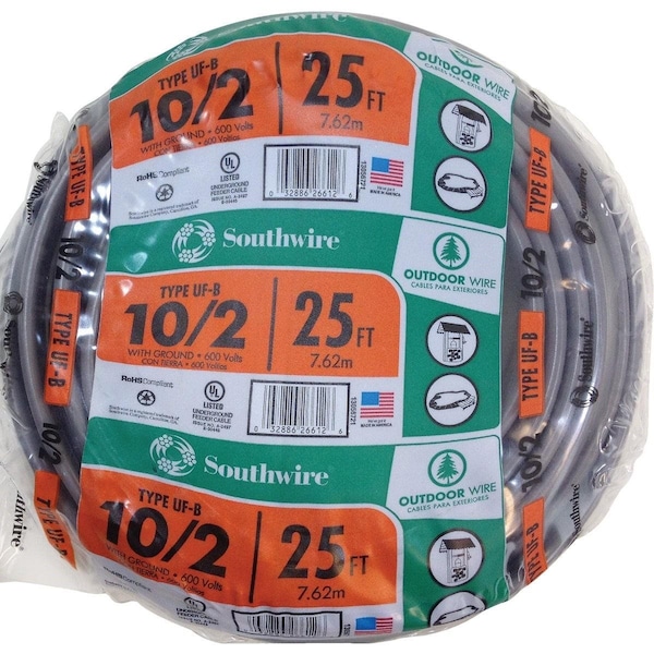 Southwire Non-Metallic Underground Feeder Cable, UF-B, 10 AWG, 25 ft ...