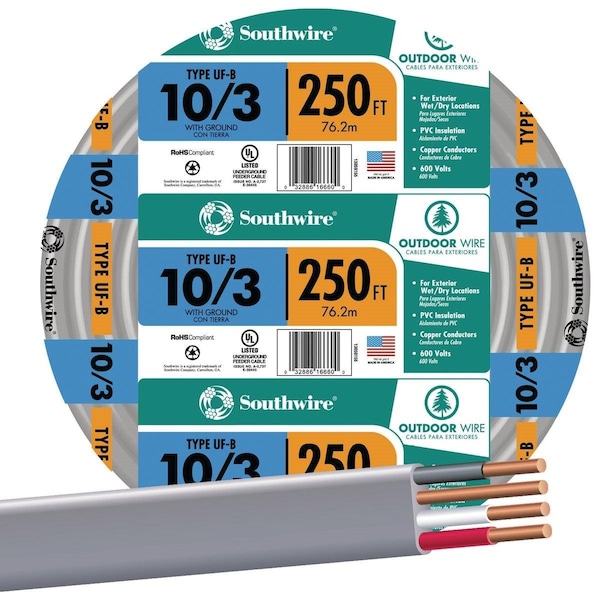 Southwire Non-Metallic Underground Feeder Cable, UF-B, 10 AWG, 250 ft ...