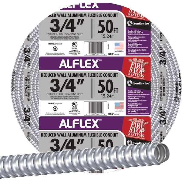 Southwire Flexible Metallic Conduit, 3/4 in Trade Size, 50 ft, Aluminum ...