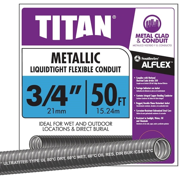 Southwire Flexible Metallic Conduit, 3/4 in Trade Size, 50 ft ...