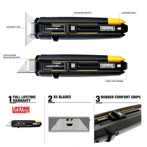 Toughbuilt Scraper Utility Knife + 5 Blades TB-H4S5-01 | Zoro