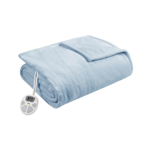 Serta 100 Percent Polyester Microlight Heated Blanket, Light Blue ...