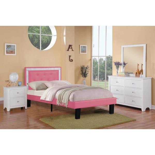 Poundex Upholstered Bed Frame with Slats in Pink Faux Leather - Twin ...