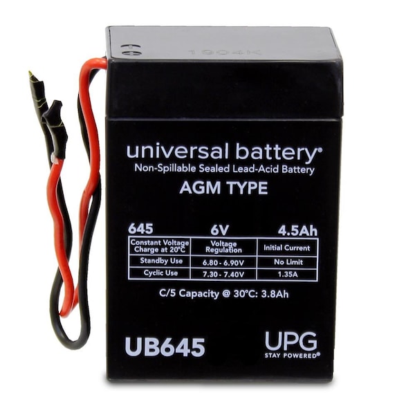 Upg Sealed Lead Acid Battery, 6 V, 4.5Ah, UB645WL, Wire Lead Terminal ...