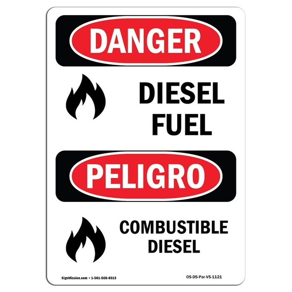 Signmission Safety Sign, OSHA Danger, 7" Height, Combustible Diesel ...