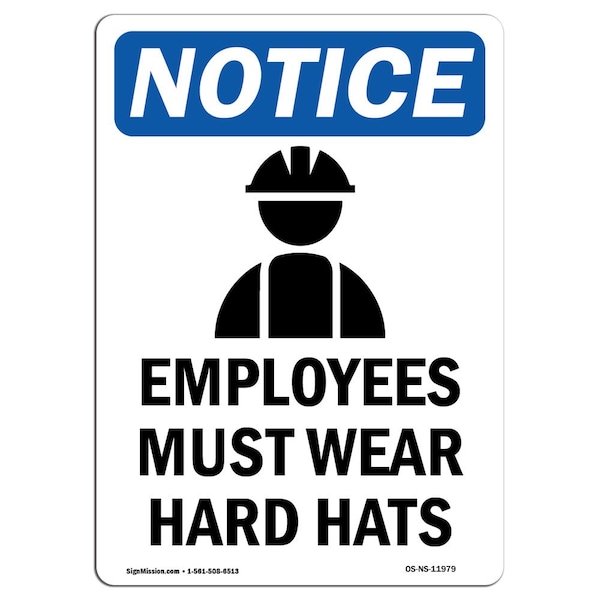Signmission OSHA Notice Sign, Employees Must Wear Hard Hats With Symbol ...