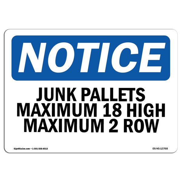 Signmission Safety Sign, OSHA Notice, 10" Height, Junk Pallets Maximum ...