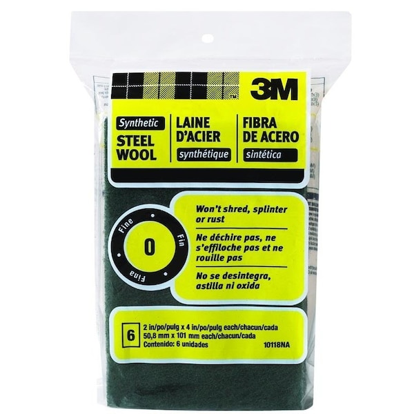 3M 10118 Steel Wool, 4 in L, 2 in W, 0 Grit, Fine, Green 10118N | Zoro