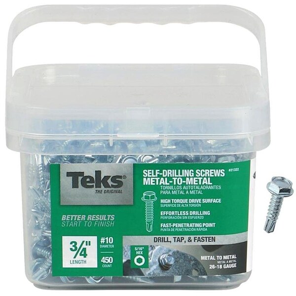Teks Self-Drilling Screw, #10 x 3/4 in, Zinc Plated Steel Hex Head Hex ...