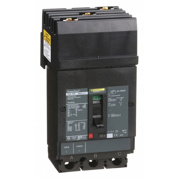 SQUARE D 100A, 3 pole Molded Case Circuit Breaker, HGA, 600V AC, - HGA36100