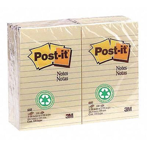 Post-It Sticky Notes, 4x6 In., Ruled, Yellow, PK72 660 | Zoro