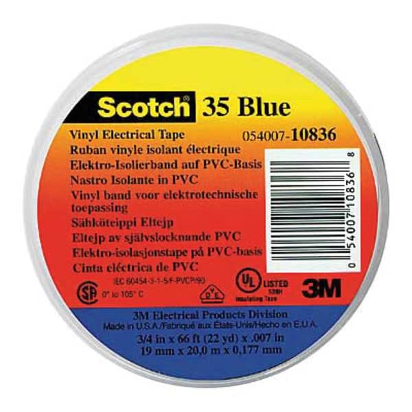 3M Electrical Tape, 7 mil, 1/2"x20 ft, Blue, PK100 35-BLUE-1/2X20FT | Zoro