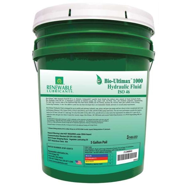 Renewable Lubricants 5 gal Pail, Hydraulic Oil, 46 ISO Viscosity, Not ...