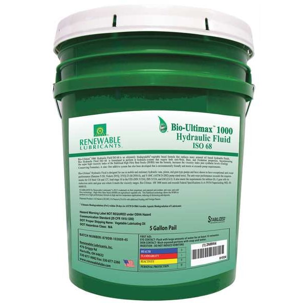 Renewable Lubricants 5 gal Pail, Hydraulic Oil, 68 ISO Viscosity, Not ...