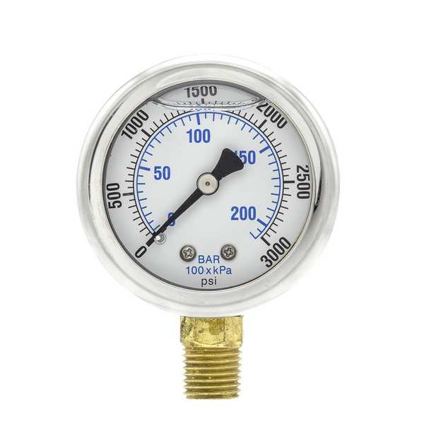Pic Gauges Industrial Pressure Gauge, 0 to 3000 psi, 1/4 in MNPT, 2 ...