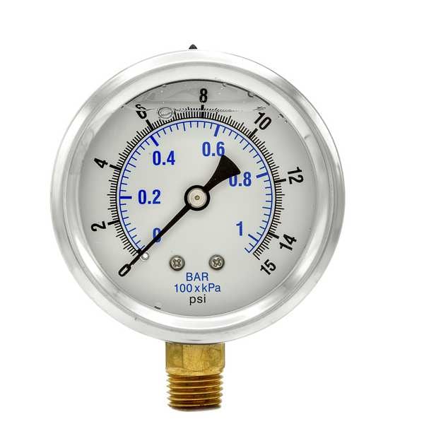 Pic Gauges Industrial Pressure Gauge, 0 to 15 psi, 2 1/2 in Dial, 1/4 ...