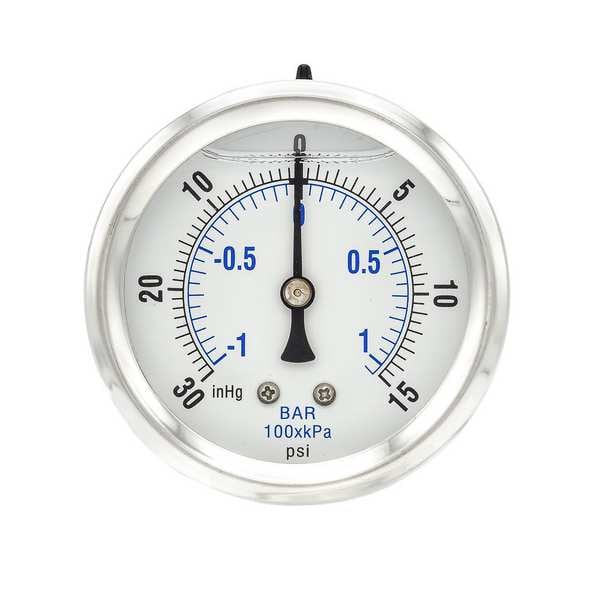 Pic Gauges Industrial Compound Gauge, 30 to 0 to 15 psi, 2 1/2 in Dial, 1/4 in NPT, Center Back ...