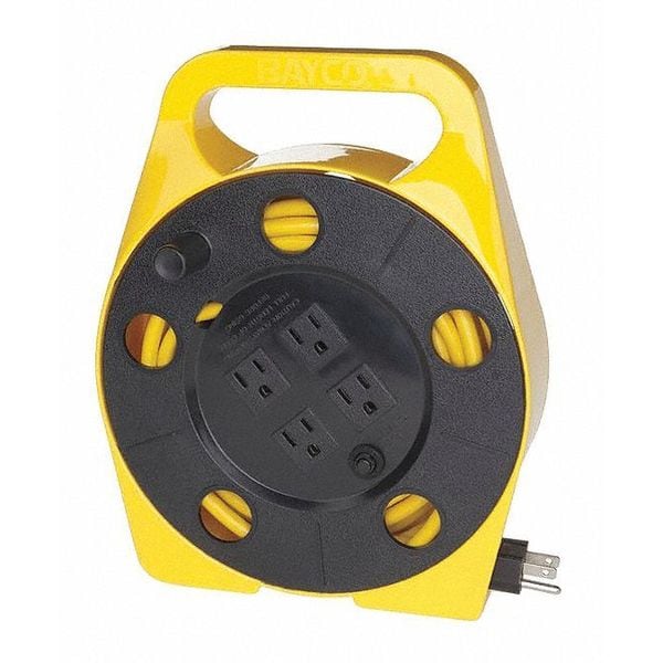 Bayco Cord Reel, 16 AWG, Yellow Reel Color, 25 ft Length, 4 Outlets SL ...