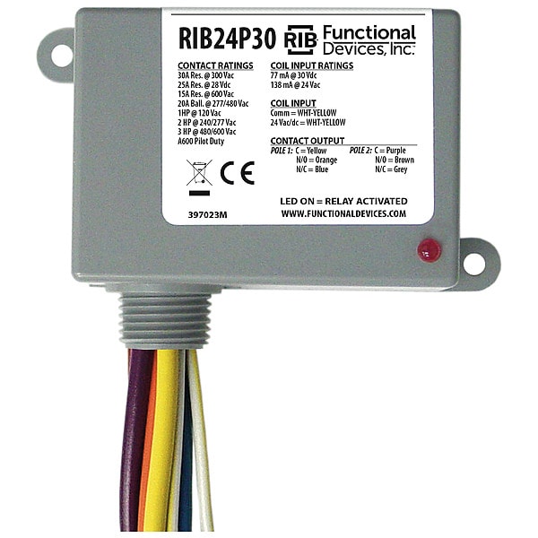 Functional Devices-Rib Enclosed Pre-Wired Relay, 30A at 300VAC, DPDT ...