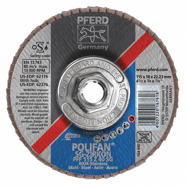 Pferd 4-1/2" x 5/8-11 Thd. POLIFAN Flap Disc - Z SG POWER STEELOX, Zirconia, 40 Grit, Flat 62276 ...