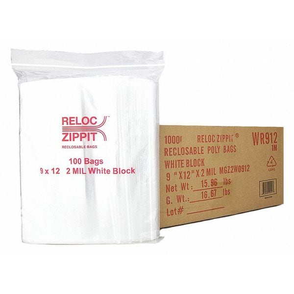 Reloc Zippit Reclosable Bag, 12 L, 9 in W, 2 mil Thick, Polypropylene ...