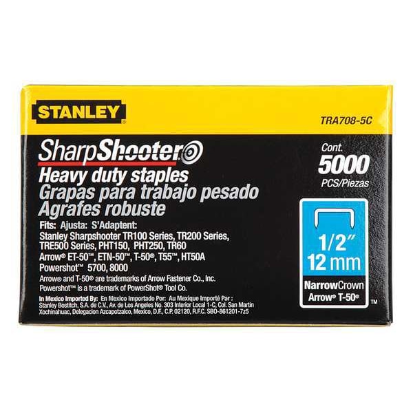 STANLEY T25 1/2" x 27/64" Heavy Duty Staples: 24 ga, Steel, (TRA708-5C)