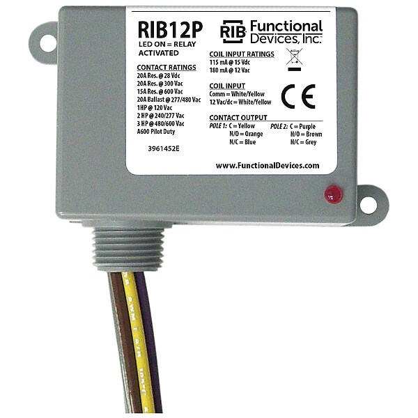 FUNCTIONAL DEVICES INC / RIB Enclosed Relay,20A,DPDT,12VAC/dc (RIB12P ...