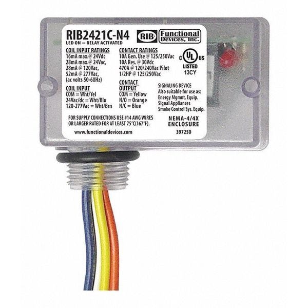 Functional Devices-Rib Enclosed Relay, 10A, SPDT RIB2421C-N4 | Zoro