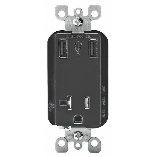 Leviton USB Charge Recp, 20A, 125V, 2.1A@5VDC, Black T5830-E | Zoro