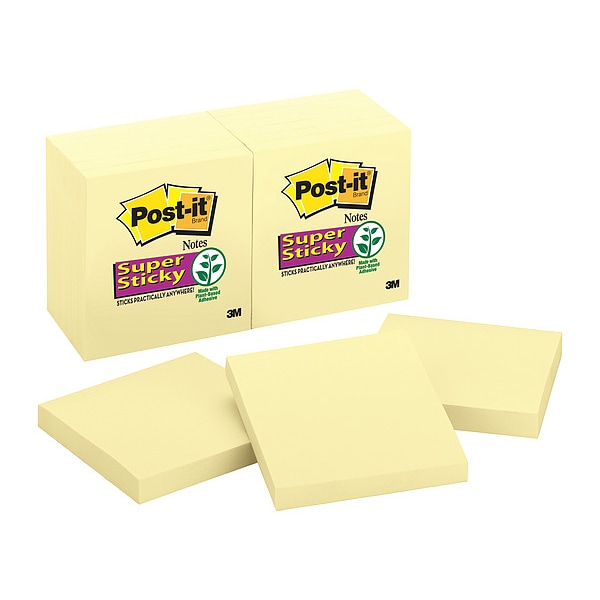 Post-It Super Sticky Notes,3x3 In.,Yellow,PK12 (654-12SSCY) | Zoro