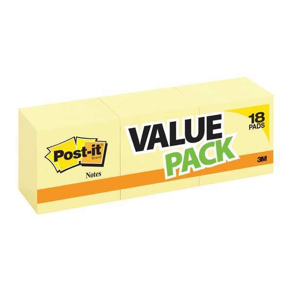 Post-It Sticky Notes, 3x3 In., Yellow, PK18 654-14+4YW | Zoro