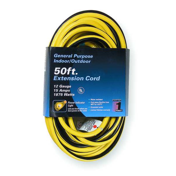 Zoro Select SJTW Outdoor Extension Cord, 12 AWG 1 Outlet, 5-15R, Yellow ...