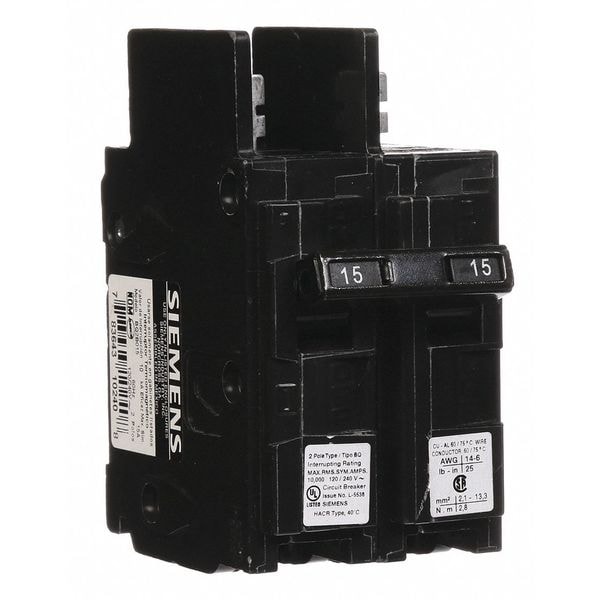 SIEMENS 15A, 2 pole Miniature Circuit Breaker, BQ, 120/240V AC, - BQ2B015