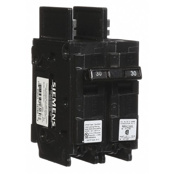 SIEMENS 30A, 2 pole Miniature Circuit Breaker, BQH, 120/240V AC, - BQ2B030H