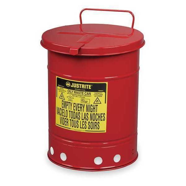 Justrite Oily Waste Can, 10 gal, Red, Steel, 18 1/4 in Height, Hand ...