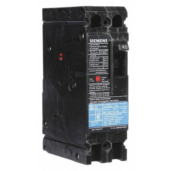 SIEMENS 40A, 2 pole Molded Case Circuit Breaker, ED4, 480V AC, - ED42B040