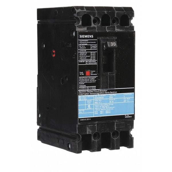 SIEMENS 30A, 3 pole Molded Case Circuit Breaker, ED4, 480V AC, - ED43B030