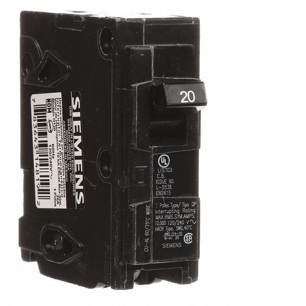 SIEMENS 20A, 1 pole Miniature Circuit Breaker, Q, 120V AC, - Q120