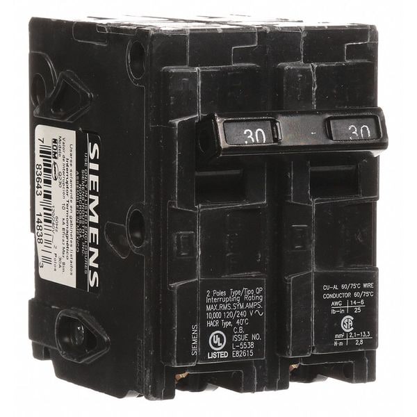 SIEMENS 30A, 2 pole Miniature Circuit Breaker, Q, 120/240V AC, - Q230