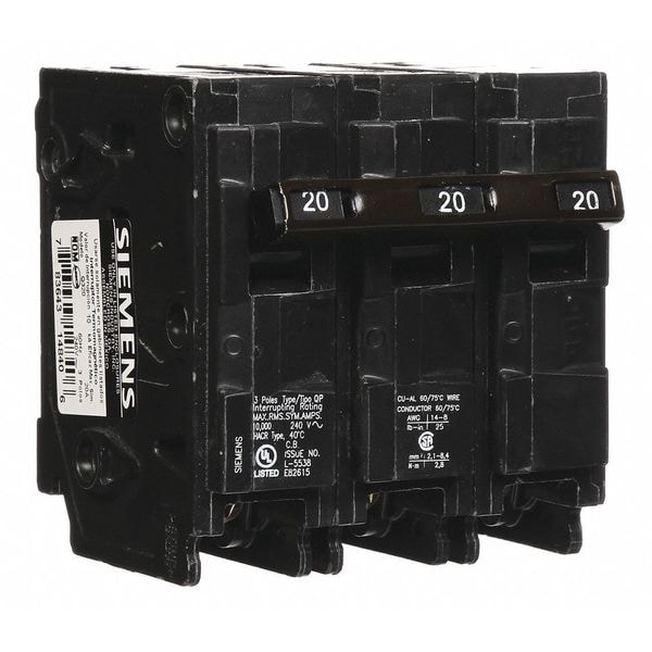 SIEMENS 20A, 3 pole Miniature Circuit Breaker, Q, 240V AC, - Q320