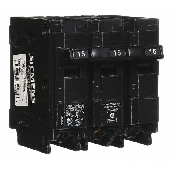 SIEMENS 15A, 3 pole Miniature Circuit Breaker, QP, 240V AC, - Q315