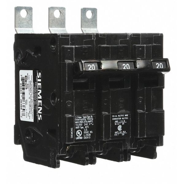 SIEMENS 20A, 3 pole Miniature Circuit Breaker, BL, 240V AC, - B320