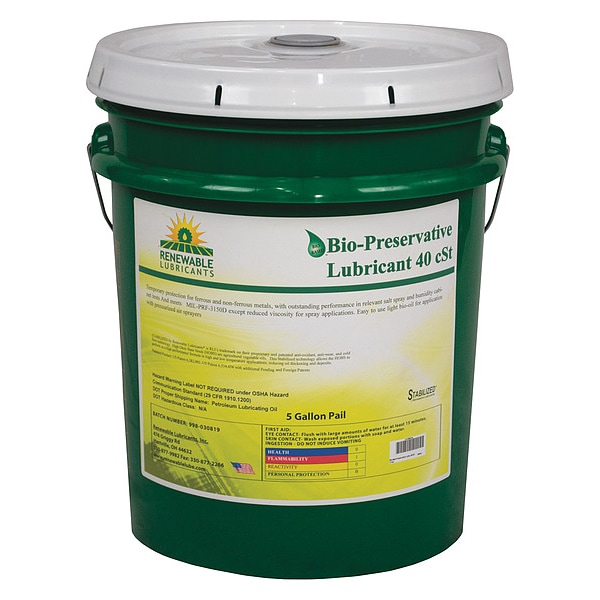 Renewable Lubricants Lubricant, 5 gal., Pail, Vegetable Oil, Yellow ...