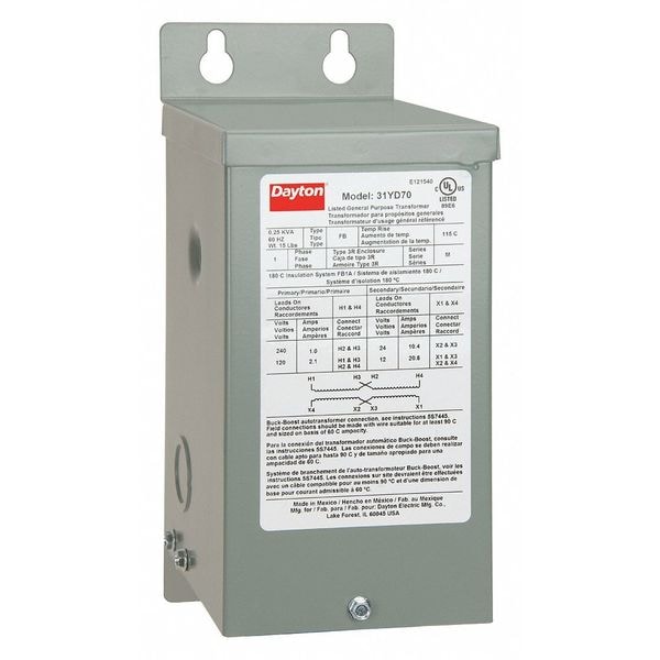 Dayton Buck Boost Transformer, 250VA, NEMA 3R, 115 Degrees C, 12VAC, 24VAC, 120VAC, 240VAC ...